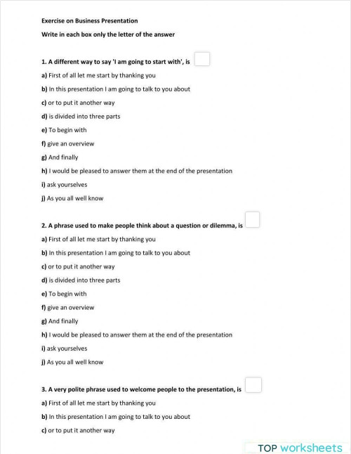 Exercises on business presentation. Interactive worksheet | TopWorksheets