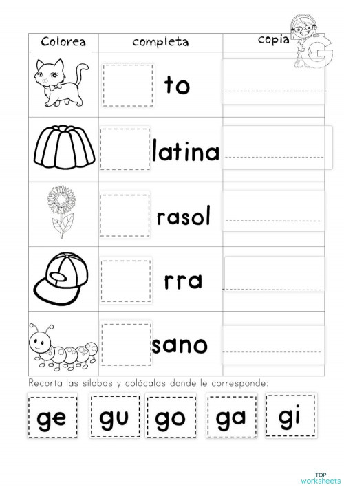 COMPLETA LAS SILABAS Y ESCRIBE. LETRA G.. Ficha interactiva | TopWorksheets