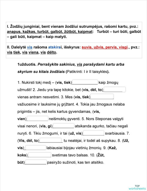 Žodžių dalys. Interactive worksheet | TopWorksheets
