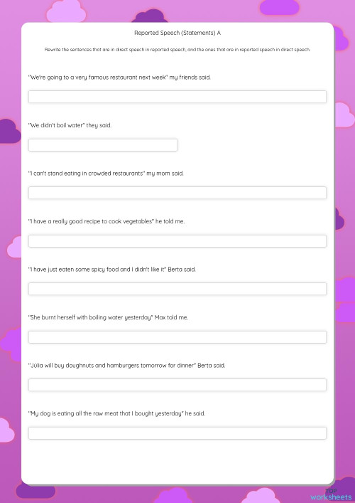 Reported Speech (Statements) A. Interactive worksheet | TopWorksheets