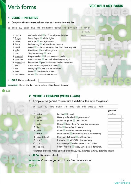 Verb Patterns (Gerund / Infinitive). Interactive worksheet | TopWorksheets