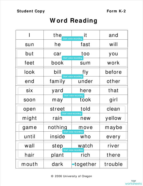 Word Reading Fluency K1 - A. Interactive worksheet | TopWorksheets