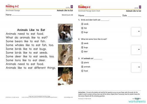 Level D - Animals Like to Eat. Interactive worksheet | TopWorksheets