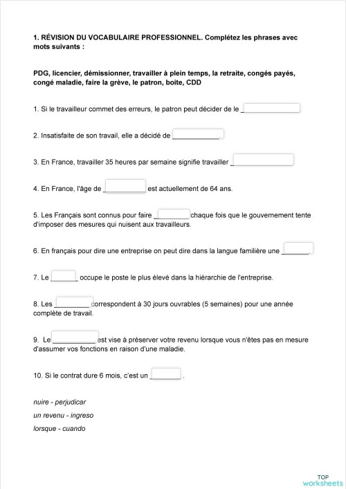 Vocabulaire pro - révision 2. Fiche interactive | TopWorksheets