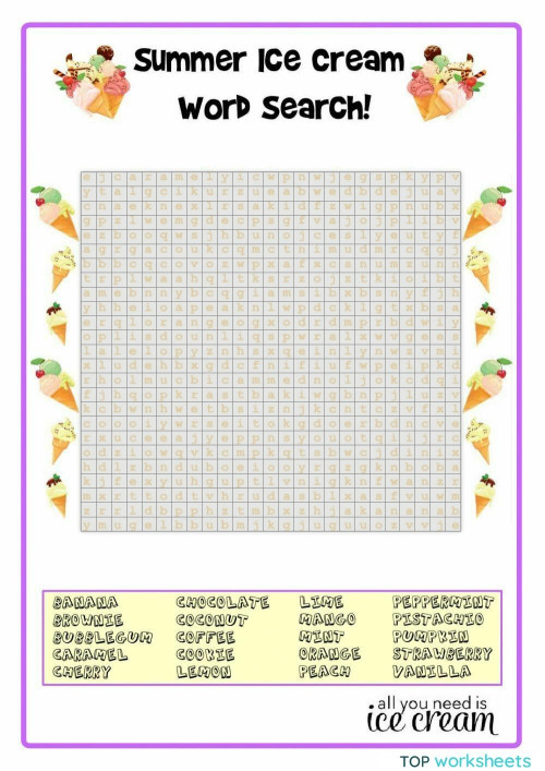 Summer ice cream wordsearch. Interactive worksheet | TopWorksheets