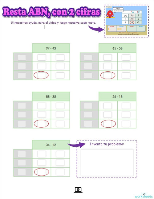 Resta abn, con 2 cifras 03. Ficha interactiva | TopWorksheets