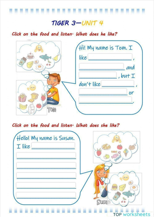 Tiger 3 - unit 4 - food - i like - i don't like. Interactive worksheet | TopWorksheets