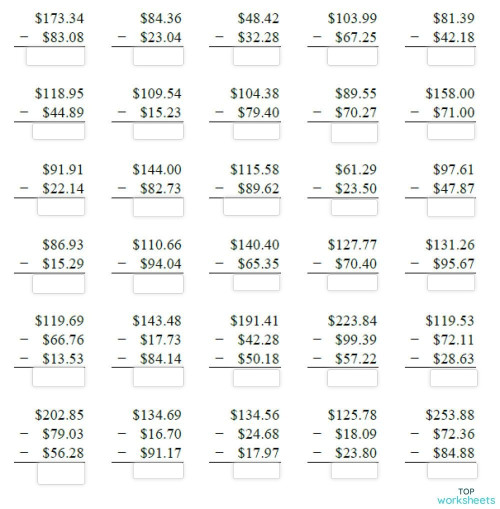 subtraction money. Interactive worksheet | TopWorksheets