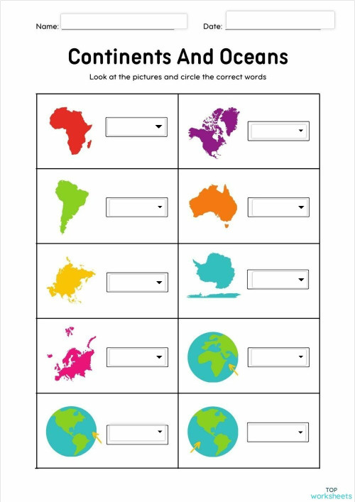 Continents and Oceans Geography M.1 ใบงานเชิงโต้ตอบ | TopWorksheets