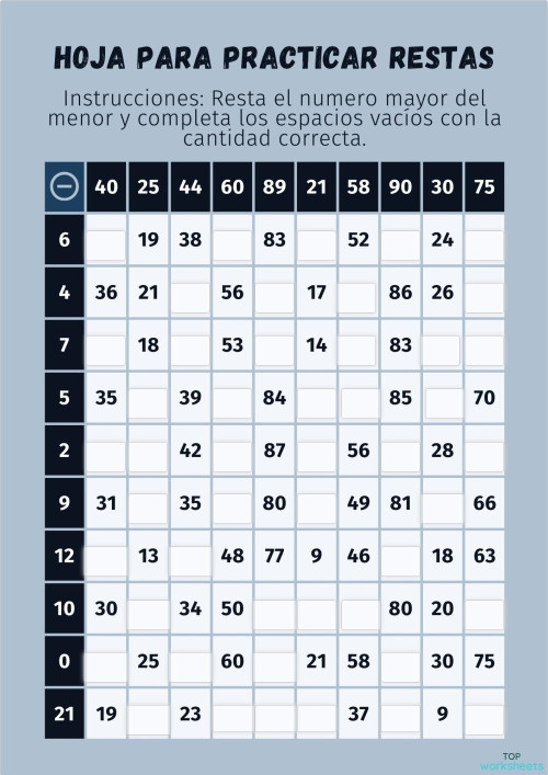 Práctica de restas 01. Ficha interactiva | TopWorksheets