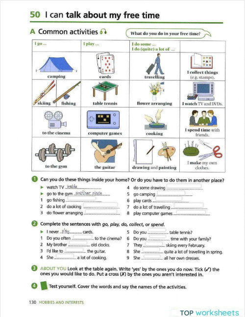Free time (Common actitivies). Interactive worksheet | TopWorksheets