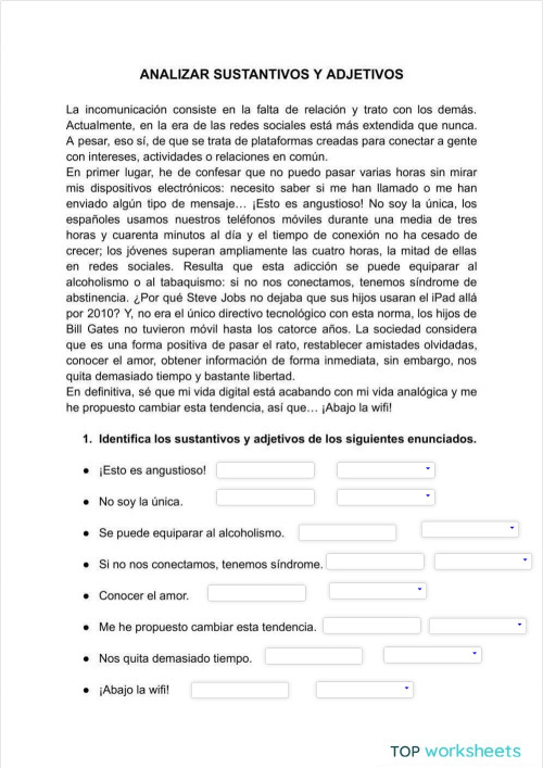 Analizar sustantivos y adjetivos. Ficha interactiva | TopWorksheets