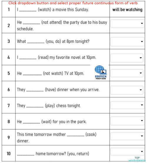 Future Continuous Tense. Interactive worksheet | TopWorksheets