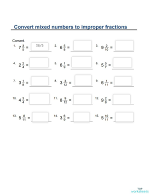 Changing mixed number to improper fractions. Interactive worksheet ...