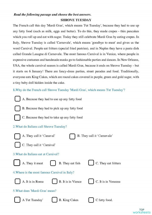 Grade 7 - Reading about Shrove Day. Interactive worksheet | TopWorksheets