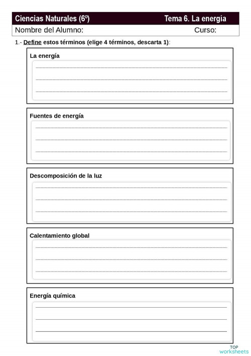 Materia y energía: fichas interactivas y ejercicios online | TopWorksheets