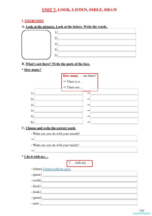 Unit 7: Look, listen, smile, draw. Interactive worksheet | TopWorksheets