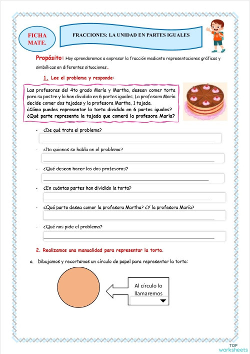 Fracciones: la unidad en partes iguales. Ficha interactiva | TopWorksheets