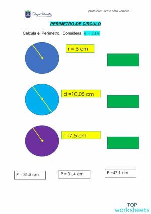 Cálculo de perímetro en circunferencias. Ficha interactiva | TopWorksheets