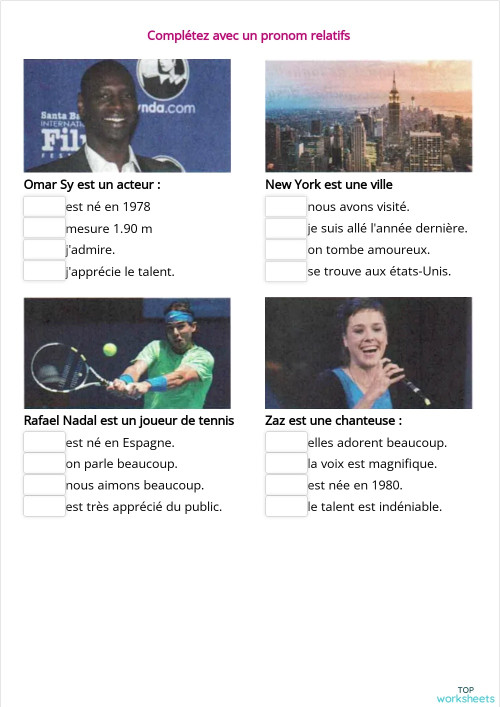Complétez avec un pronom relatif. Fiche interactive | TopWorksheets