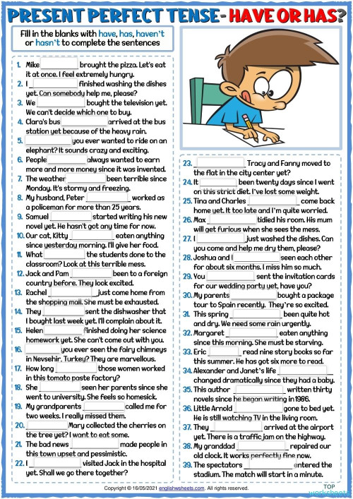 Present perfect tense : have has ใบงานเชิงโต้ตอบ | TopWorksheets