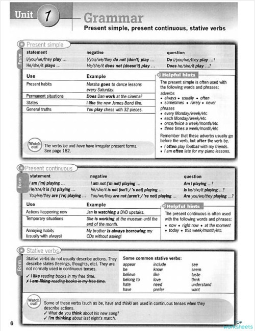 UNIT 1 PRESENT SIMPLE PRESENT CONTINUOUS. Interactive worksheet | TopWorksheets
