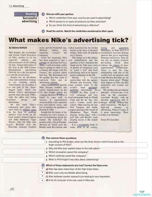 WHAT MAKES NIKE'S ADVERTISING TICK. Bài tập tương tác | TopWorksheets