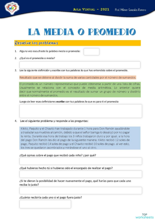 Promedio o media aritmética. Ficha interactiva | TopWorksheets