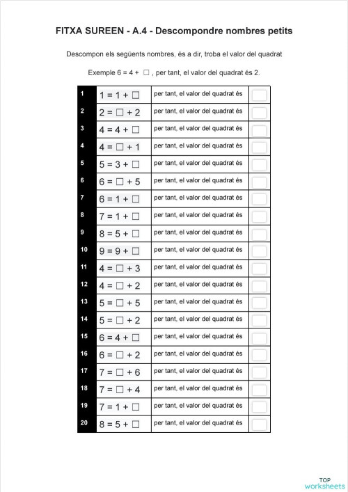 SUREEN -A.4- Descompondre nombres petits. Fitxa interactiva | TopWorksheets