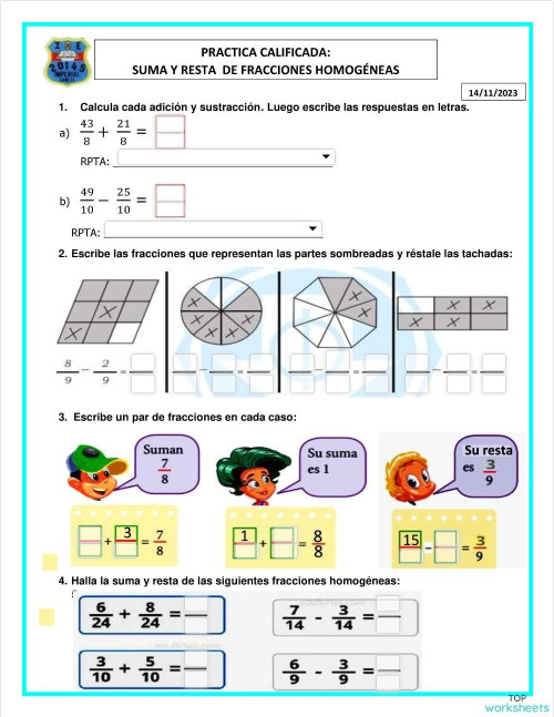 SUMA Y RESTA DE FRACCIONES HOMOGÉNEAS. Ficha interactiva | TopWorksheets