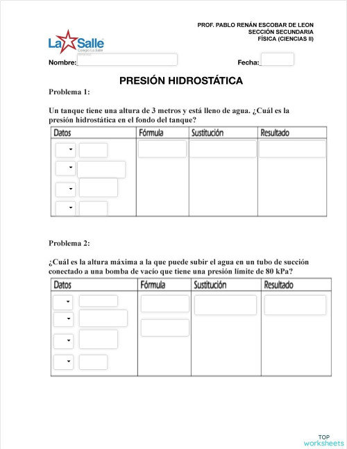 Presion Hidrostatica. Ficha interactiva | TopWorksheets