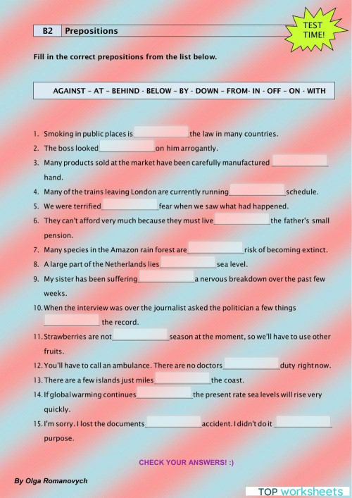 TEST - Prepositions MIX B1-B2. Interactive worksheet | TopWorksheets