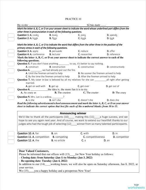 PRACTICE TEST 10 -20. Interactive worksheet | TopWorksheets