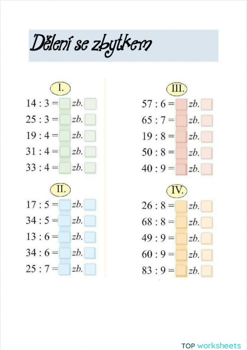 Dělení se zbytkem. Interaktivní pracovní list | TopWorksheets