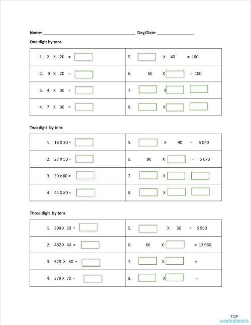 Multiplication by tens. Interactive worksheet | TopWorksheets