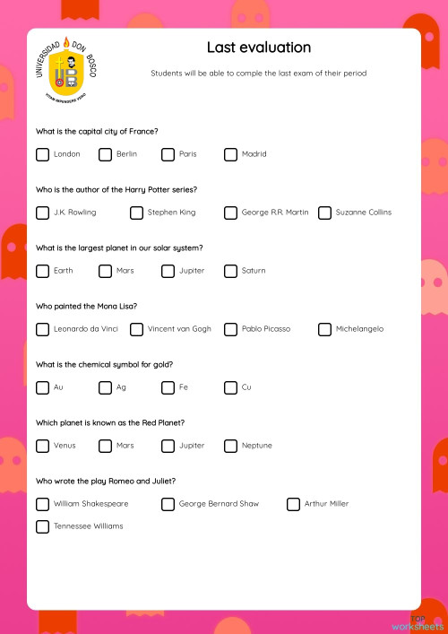 Last evaluation. Interactive worksheet | TopWorksheets