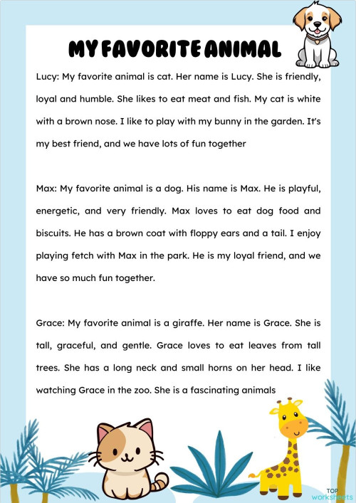 READING PRACTICE: FAVORITE ANIMALS. Interactive worksheet | TopWorksheets