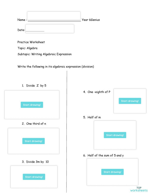 Writing Algebraic Expression Division. Interactive worksheet | TopWorksheets