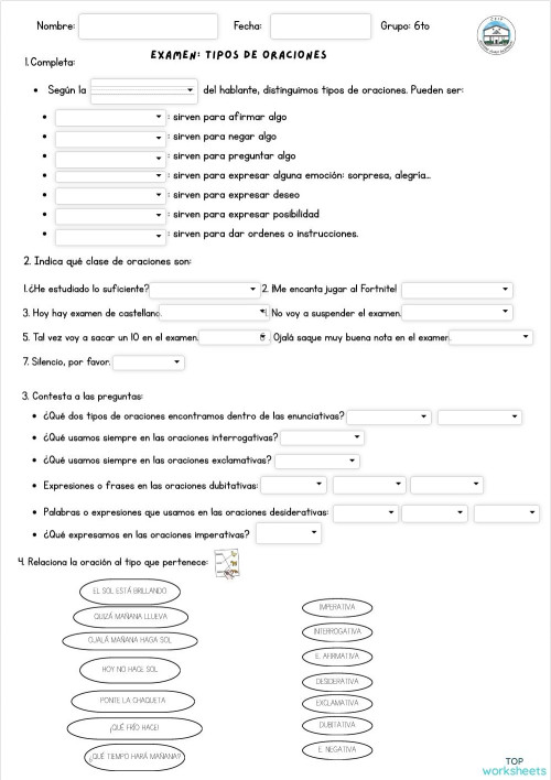 Tipos de oraciones: fichas interactivas y ejercicios online | TopWorksheets