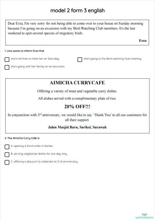model 2 form 3 english. Interactive worksheet | TopWorksheets