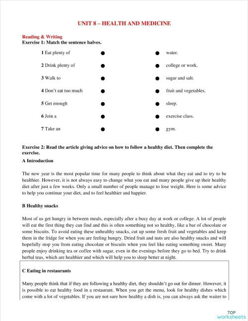 Unit 8 - Health and Medicine - Reading & Writing. Interactive worksheet ...