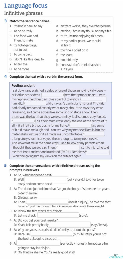 infinitive phrases. Interactive worksheet | TopWorksheets