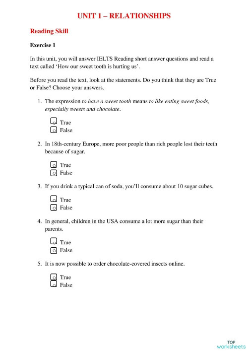 Unit 1 - Relationships - Reading Skill. Interactive worksheet ...