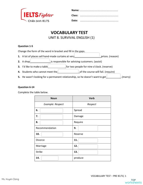 VOCAB TEST 8. UNIT 4. LISTENING. SURVIVAL ENGLISH (1). Interactive ...
