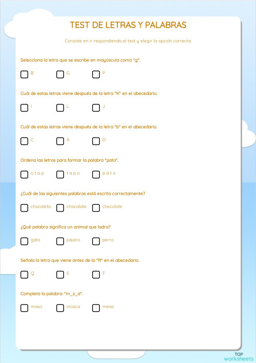 TEST DE LETRAS Y PALABRAS. Ficha interactiva | TopWorksheets