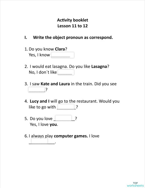 Lesson 12 to 11 review. Ficha interactiva | TopWorksheets