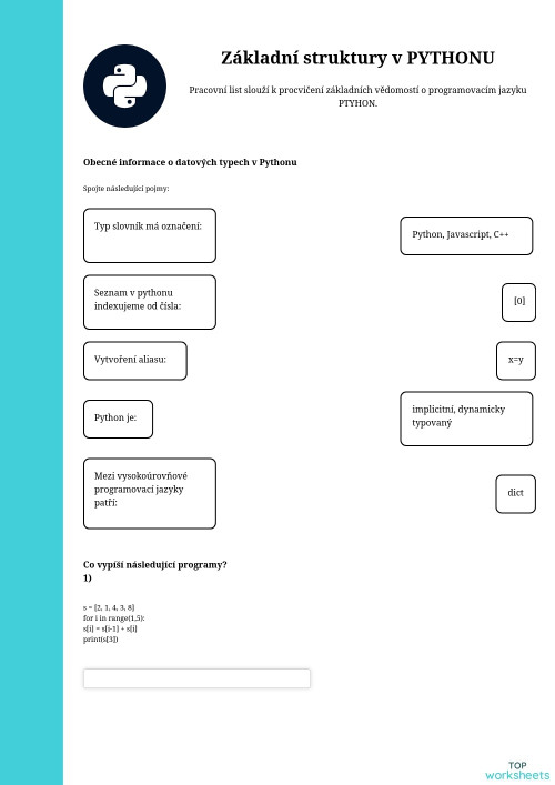 Základní struktury v PYTHONU. Interaktivní pracovní list | TopWorksheets