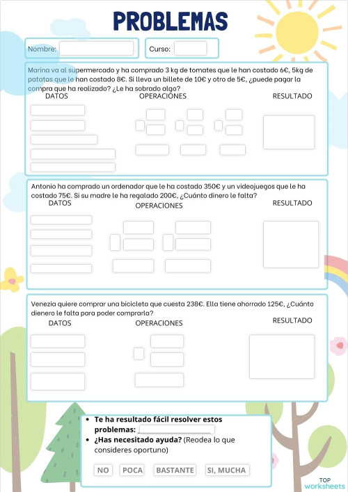 PROBLEMAS DE SUMAS Y RESTAS 1. Ficha interactiva | TopWorksheets
