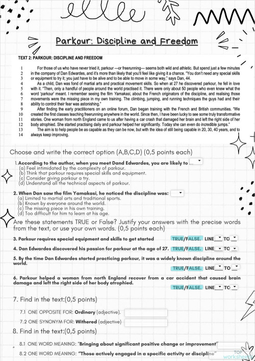 Parkour Reading comprehension. Interactive worksheet | TopWorksheets