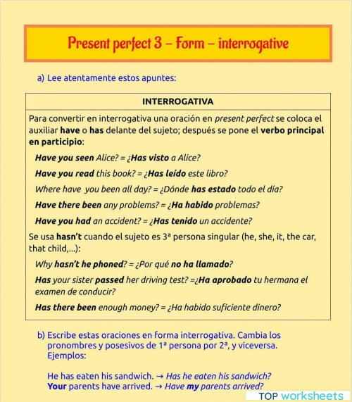 Present perfect 3 - interrogative. Ficha interactiva | TopWorksheets